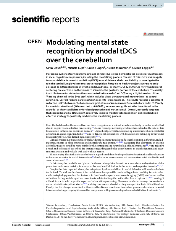 (PDF) tDCS Modulation of Cerebellar Influence on Mental State Recognition (PDF) tDCS Modulation of Cerebellar Influence on Mental State Recognition
