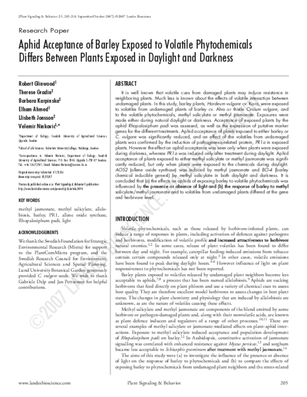 (PDF) Aphid Acceptance of Barley Exposed to Volatile Phytochemicals ...
