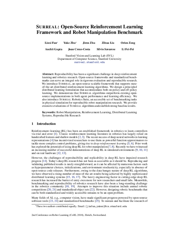 Pdf Surreal Open Source Reinforcement Learning Framework And Robot Manipulation Benchmark
