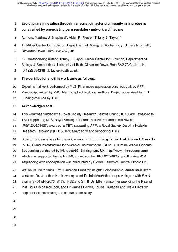 (PDF) Evolutionary innovation through transcription factor promiscuity in microbes is ...