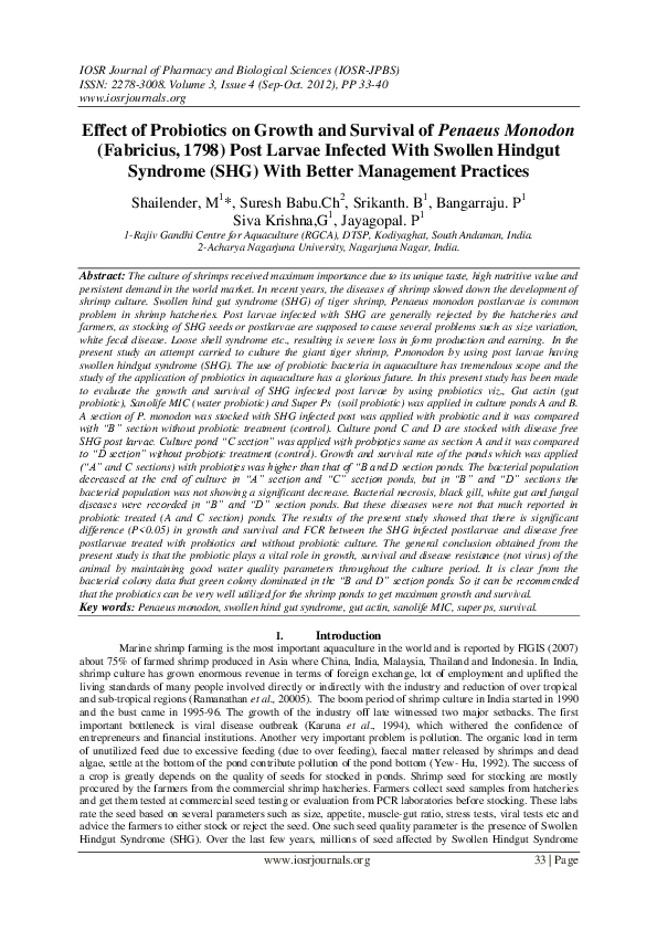 (PDF) Effect of Probiotics on Growth and Survival of Penaeus Monodon (Fabricius, 1798) Post ...