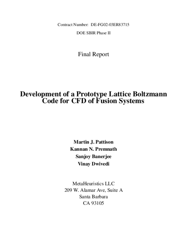 Pdf Development Of A Prototype Lattice Boltzmann Code For Cfd Of