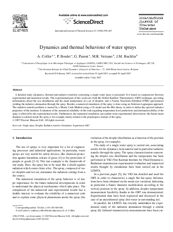 (PDF) Dynamics and thermal behaviour of water sprays
