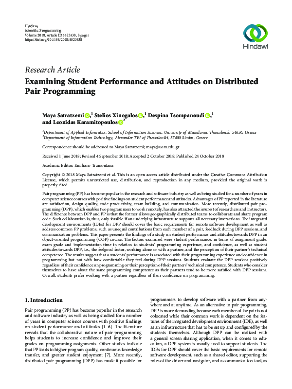 (PDF) Examining Student Performance and Attitudes on Distributed Pair Programming
