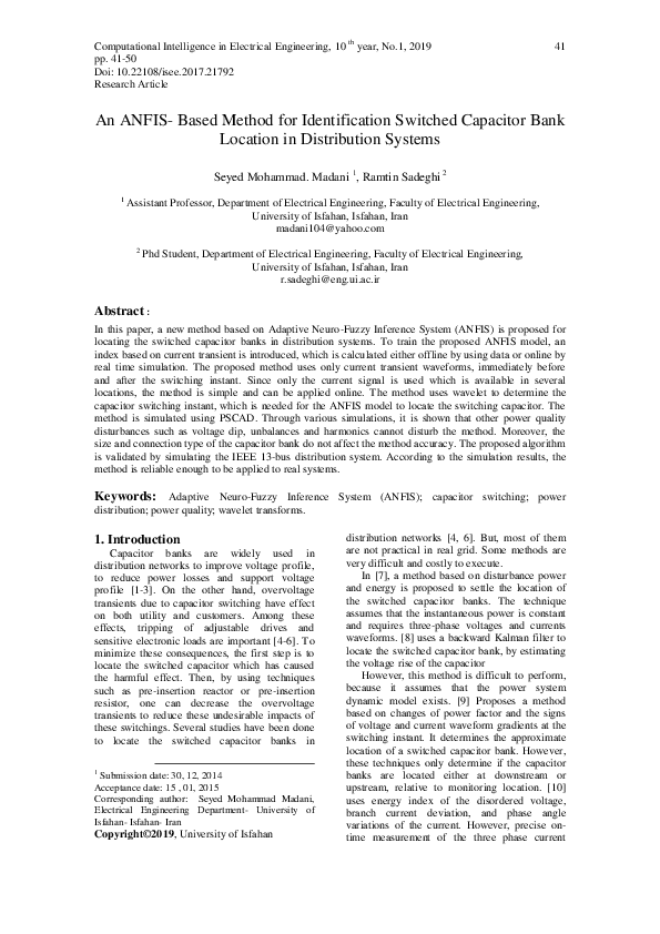 Pdf An Anfis Based Method For Identification Switched Capacitor Bank Location In Distribution