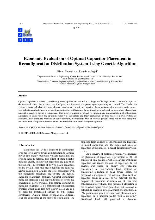 Pdf Economic Evaluation Of Optimal Capacitor Placement In