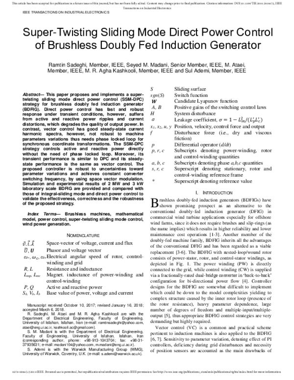 Pdf Super Twisting Sliding Mode Direct Power Control Of A Brushless Doubly Fed Induction Generator