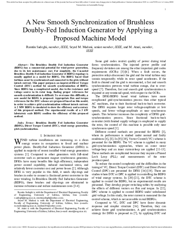 Pdf A New Smooth Synchronization Of Brushless Doubly Fed Induction Generator By Applying A
