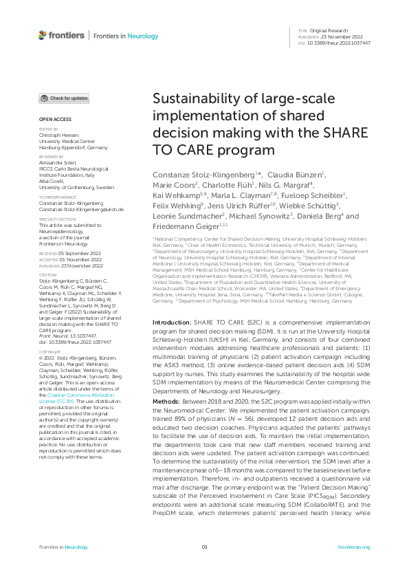 (PDF) Sustainability of large-scale implementation of shared decision making with the SHARE TO ...