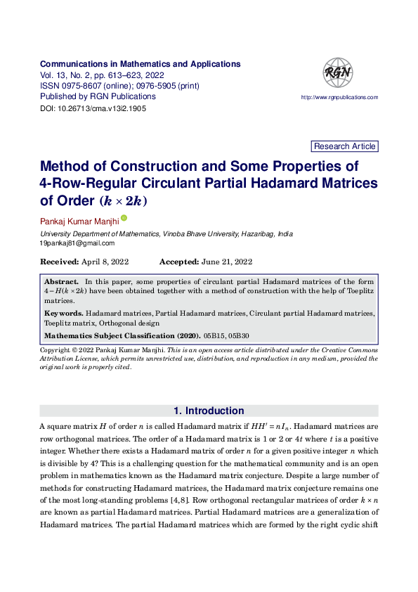 (PDF) Method of Construction and Some Properties of 4-Row-Regular Circulant Partial Hadamard ...