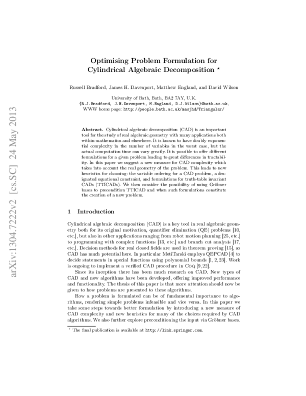 (PDF) Optimising problem formulations for cylindrical algebraic decomposition