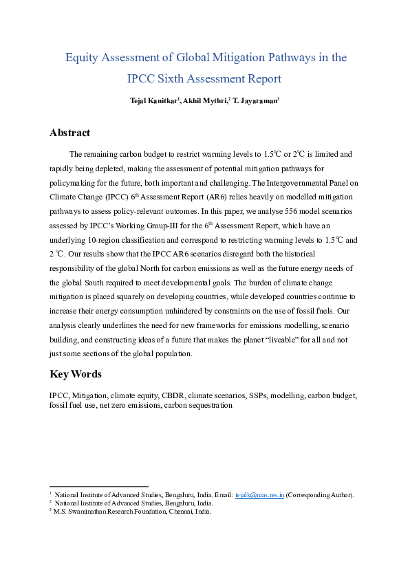 (PDF) Equity Assessment of Global Mitigation Pathways in the IPCC Sixth ...