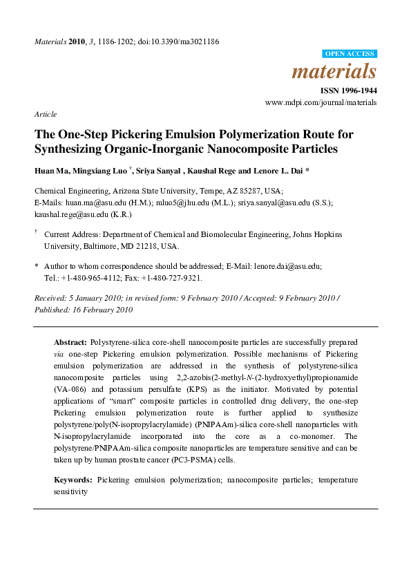(PDF) Article The One-Step Pickering Emulsion Polymerization Route for ...