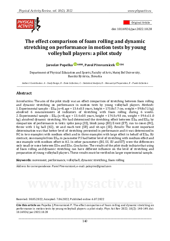 Pdf The Effect Comparison Of Foam Rolling And Dynamic Stretching On Performance In Motion