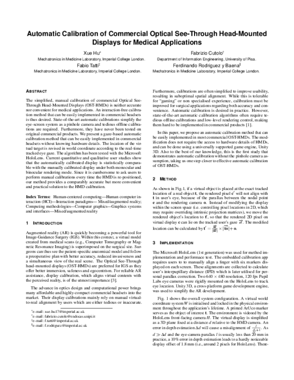 (PDF) Automatic Calibration of Commercial Optical See-Through Head-Mounted Displays for Medical ...