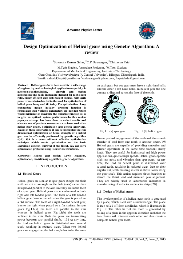 Pdf Design Optimization Of Helical Gears Using Genetic Algorithm A Review