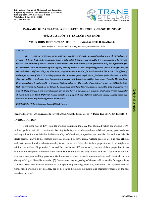 (PDF) Parametric Analysis and Effect of Tool on FSW Joint of 6082 Al Alloy by Taguchi Method