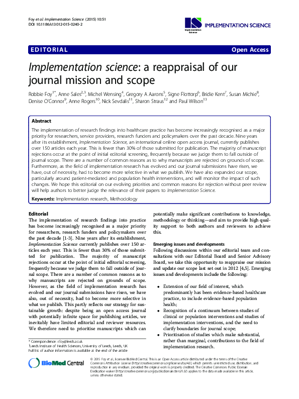 (PDF) Implementation science: a reappraisal of our journal mission and scope