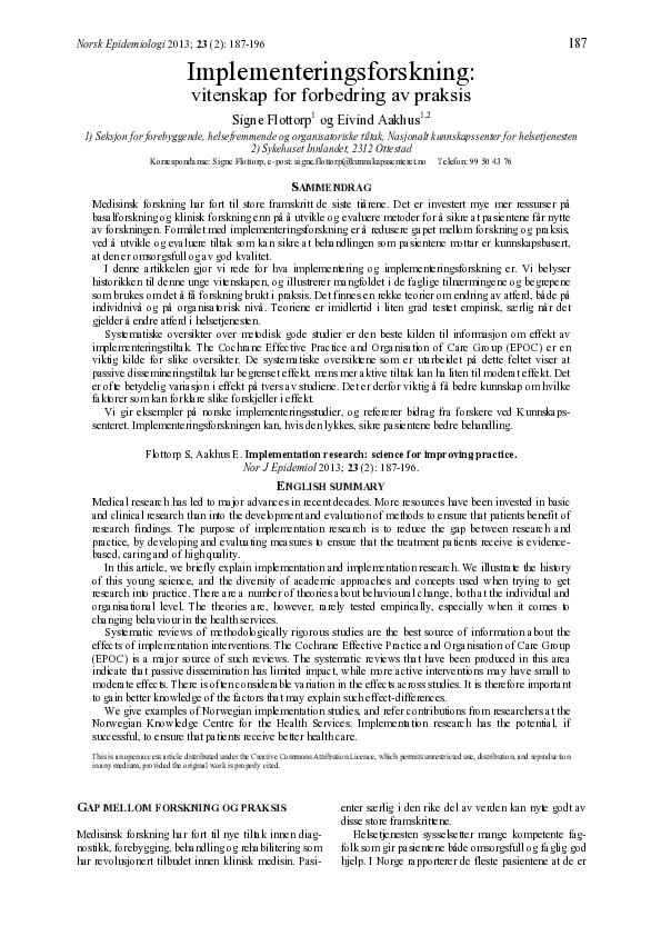 (PDF) Implementeringsforskning: vitenskap for forbedring av praksis ...