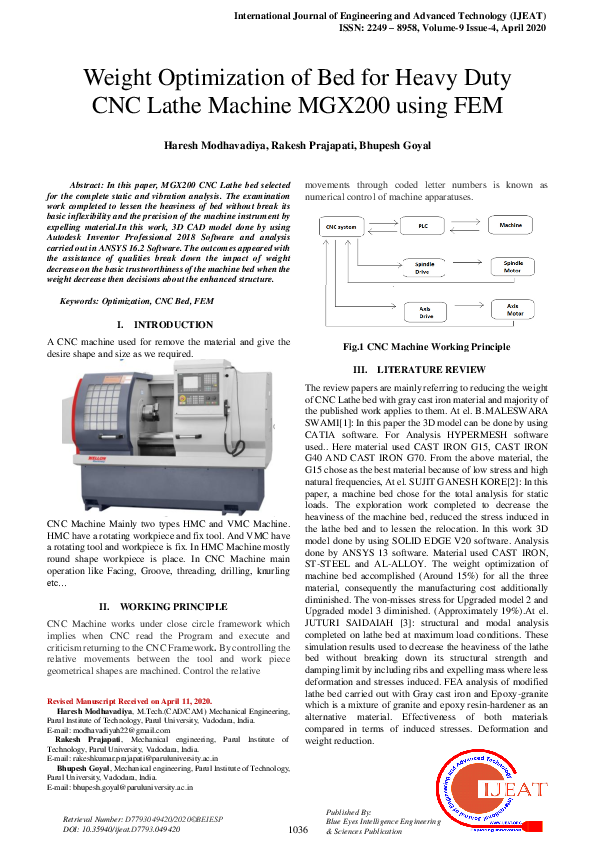 (PDF) Weight Optimization of Bed for Heavy Duty CNC Lathe Machine MGX200 using FEM