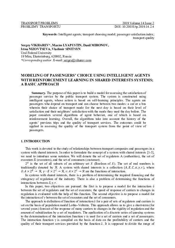 (PDF) Modeling of Passengers’ Choice Using Intelligent Agents with Reinforcement Learning in ...