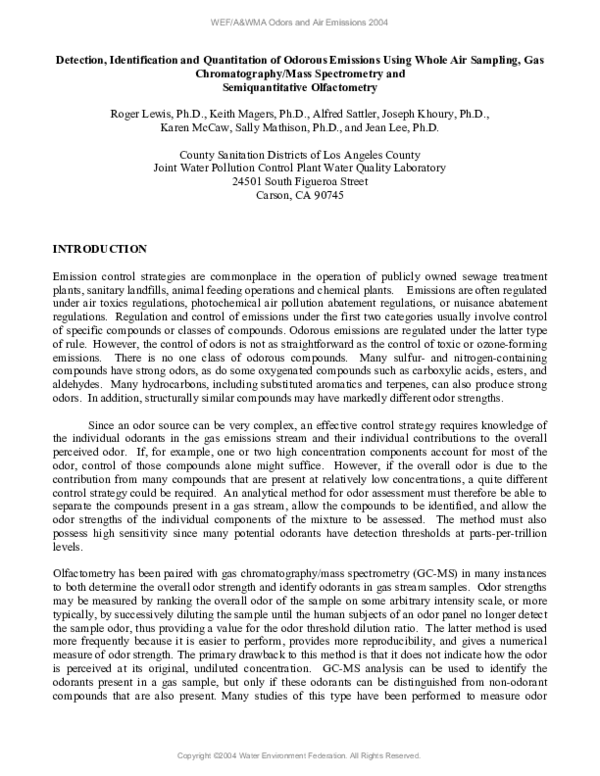 Pdf Detection Identification And Quantitation Of Odorous Emissions