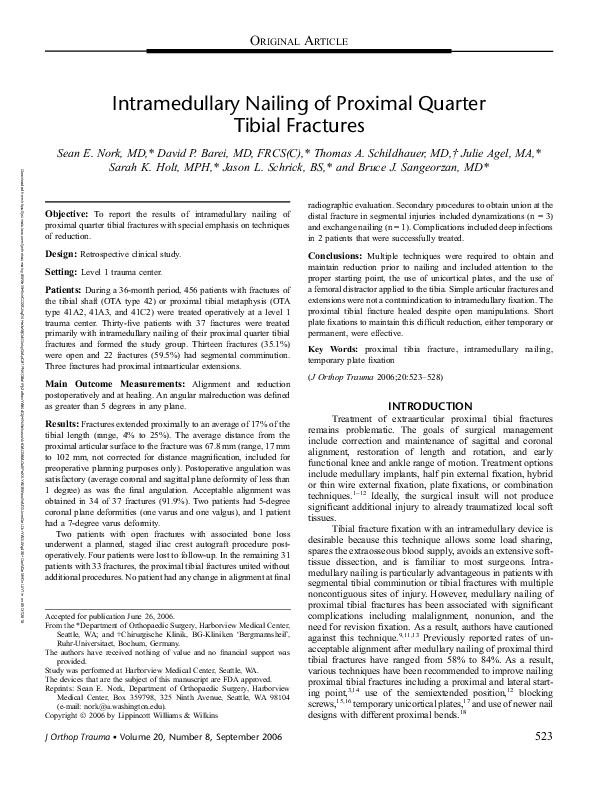 (PDF) Intramedullary Nailing of Proximal Quarter Tibial Fractures