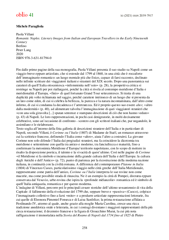 (PDF) Recensione P.Villani, "Romantic Naples", Peter Lang, 2021. | Michele Paragliola - Academia.edu