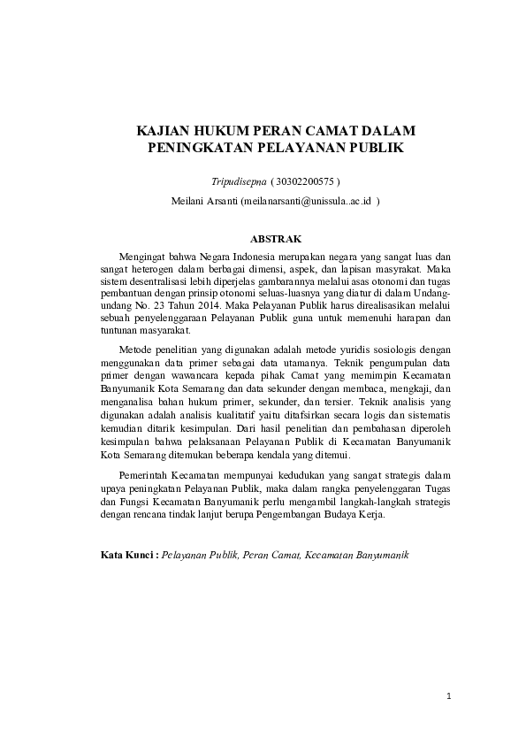 (DOC) KAJIAN HUKUM PERAN CAMAT DALAM PENINGKATAN PELAYANAN PUBLIK