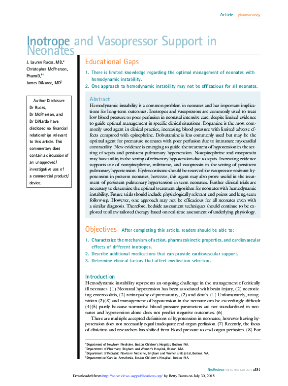 (PDF) Inotrope and Vasopressor Support in Neonates