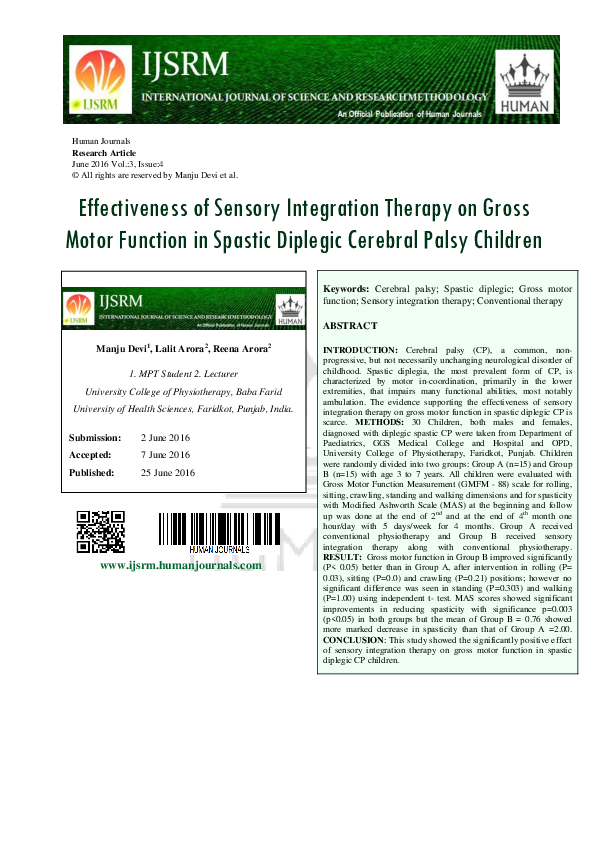 (PDF) Effectiveness of Sensory Integration Therapy on Gross Motor Function in Spastic Diplegic ...