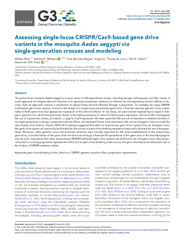 (PDF) Assessing single-locus CRISPR/Cas9-based gene drive variants in the mosquito Aedes aegypti ...