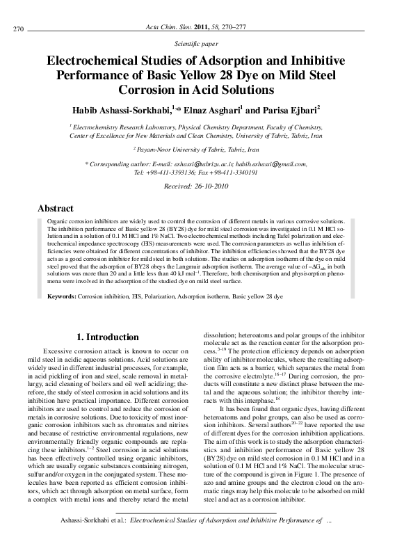 (PDF) Electrochemical studies of adsorption and inhibitive performance ...