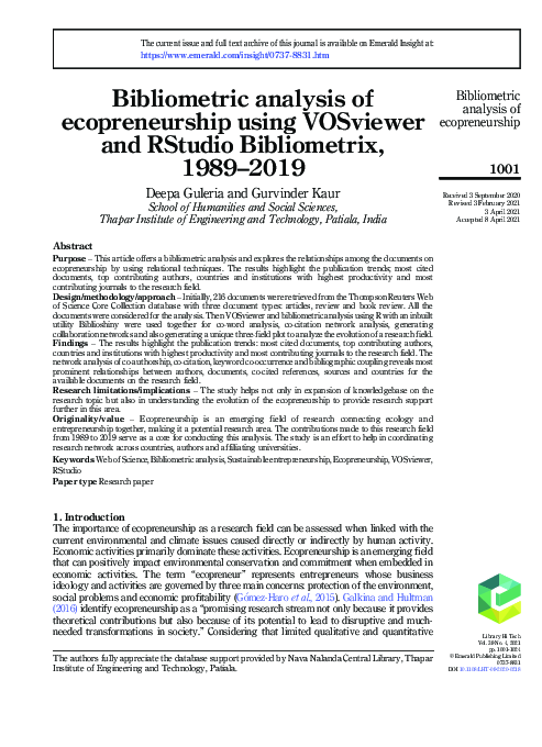 (PDF) Bibliometric analysis of ecopreneurship using VOSviewer and ...