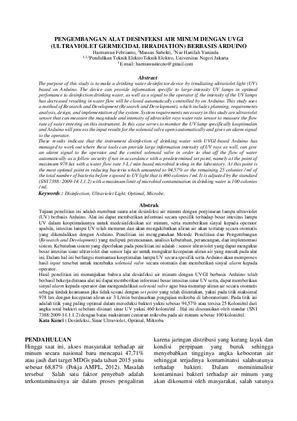 Pdf Pengembangan Alat Desinfeksi Air Minum Dengan Uvgi Ultraviolet