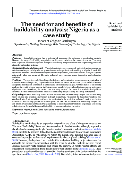 (PDF) The need for and benefits of buildability analysis: Nigeria as a ...