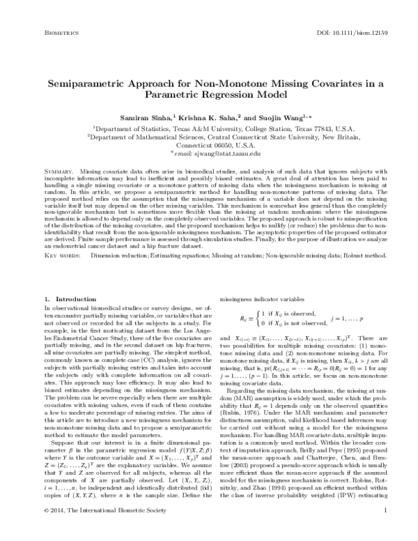 Pdf Semiparametric Approach For Non Monotone Missing Covariates In A Parametric Regression Model