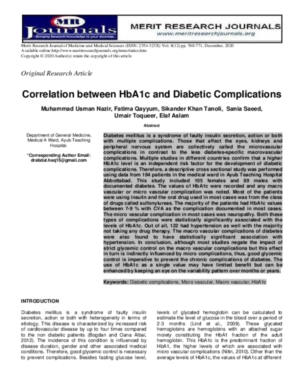 (PDF) Correlation between HbA1c and Diabetic Complications
