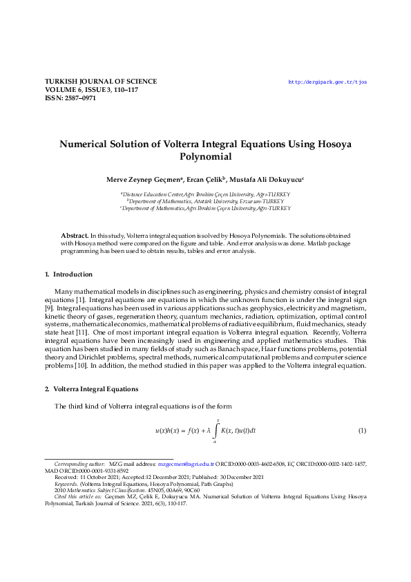 (PDF) Numerical Solution of Volterra Integral Equations Using Hosoya ...