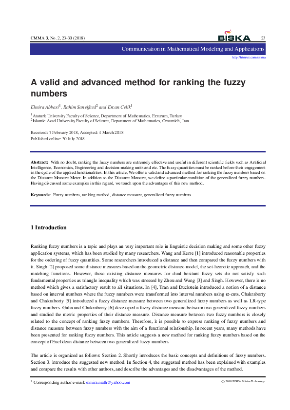 (PDF) A valid and advanced method for ranking the fuzzy numbers