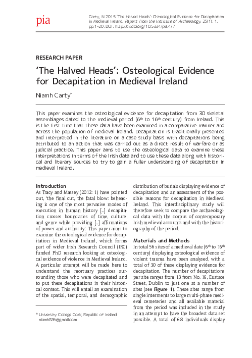 (PDF) ‘The Halved Heads’: Osteological Evidence for Decapitation in ...