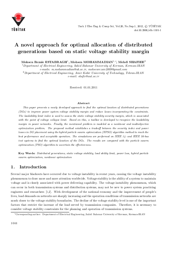 Pdf A Novel Approach For Optimal Allocation Of Distributed Generations Based On Static Voltage