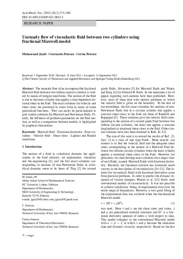 Pdf Unsteady Flow Of Viscoelastic Fluid Between Two Cylinders Using