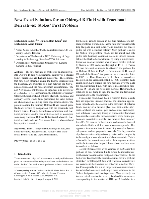 (PDF) New Exact Solutions for an Oldroyd-B Fluid with Fractional ...