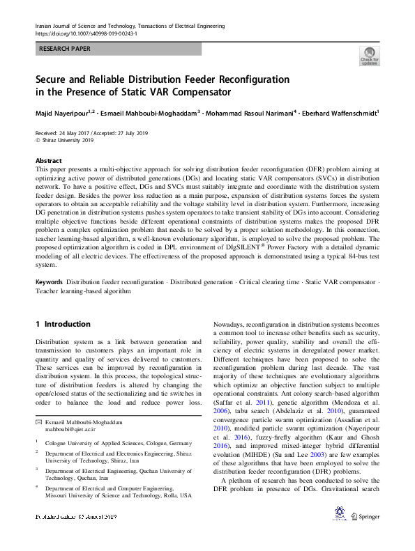 (PDF) Secure and Reliable Distribution Feeder Reconfiguration in the Presence of Static VAR ...