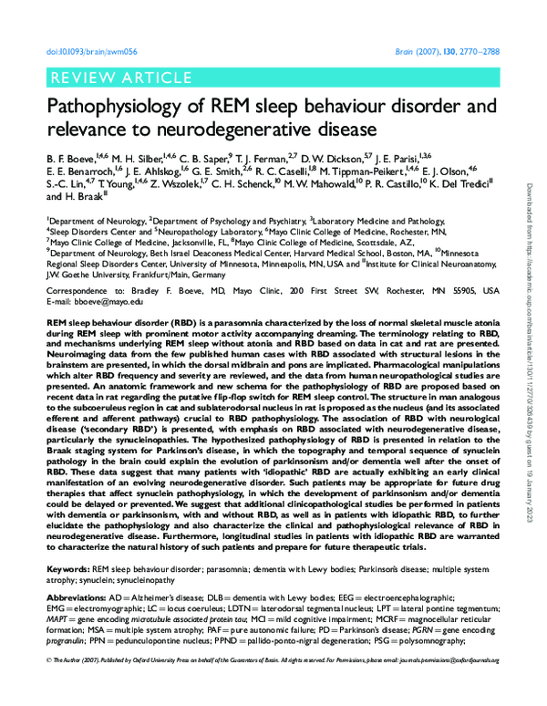 (PDF) Pathophysiology of REM sleep behaviour disorder and relevance to ...