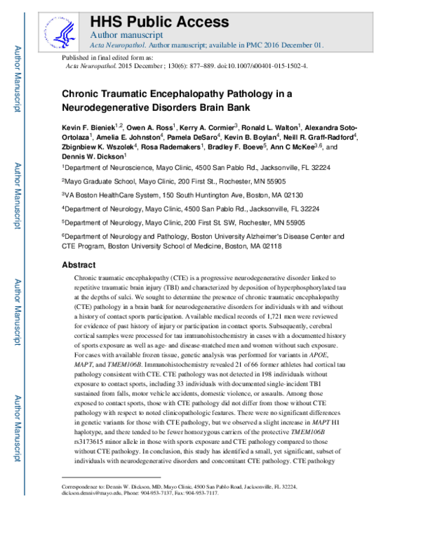 (PDF) Chronic traumatic encephalopathy pathology in a neurodegenerative ...