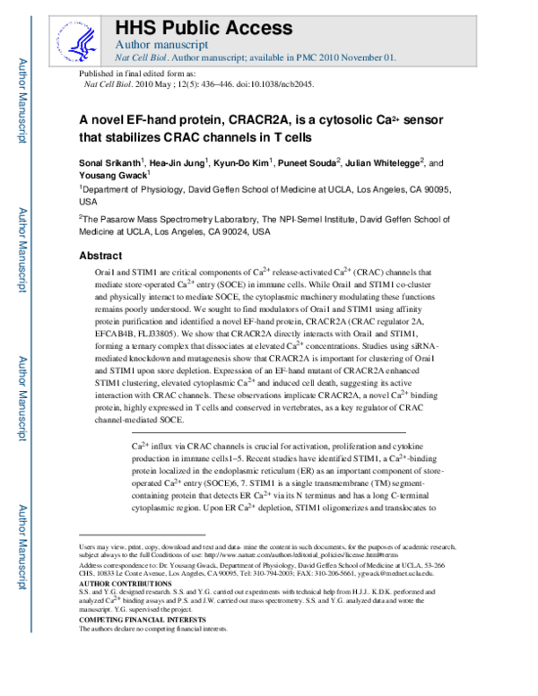 (PDF) A novel EF-hand protein, CRACR2A, is a cytosolic Ca2+ sensor that ...