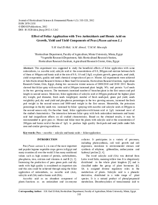(PDF) Effect of Foliar Application with Two Antioxidants and Humic Acid on Growth, Yield and ...