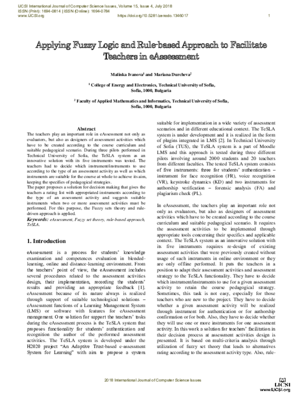 (PDF) Applying Fuzzy Logic And Rule-Based Approach To Facilitate Teachers In Eassessment